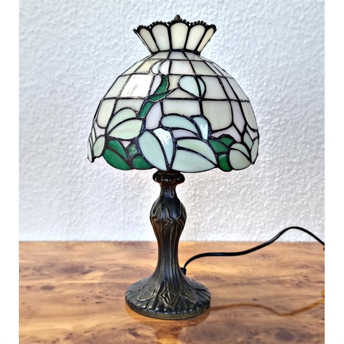 Tiffany bordlampe DM14 grøn og gylden hvid bund h35cm